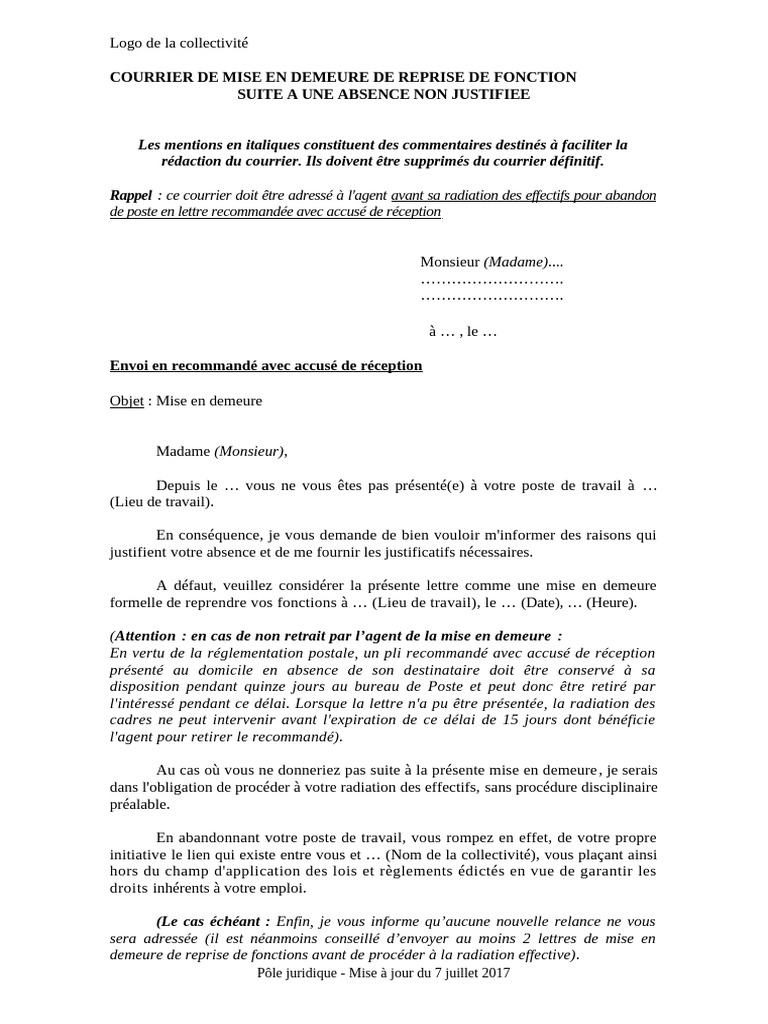 Lettre de Mise en Demeure Abandon de Poste | PDF