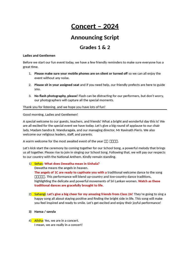 Concert Script - GR 1 and 2 | PDF