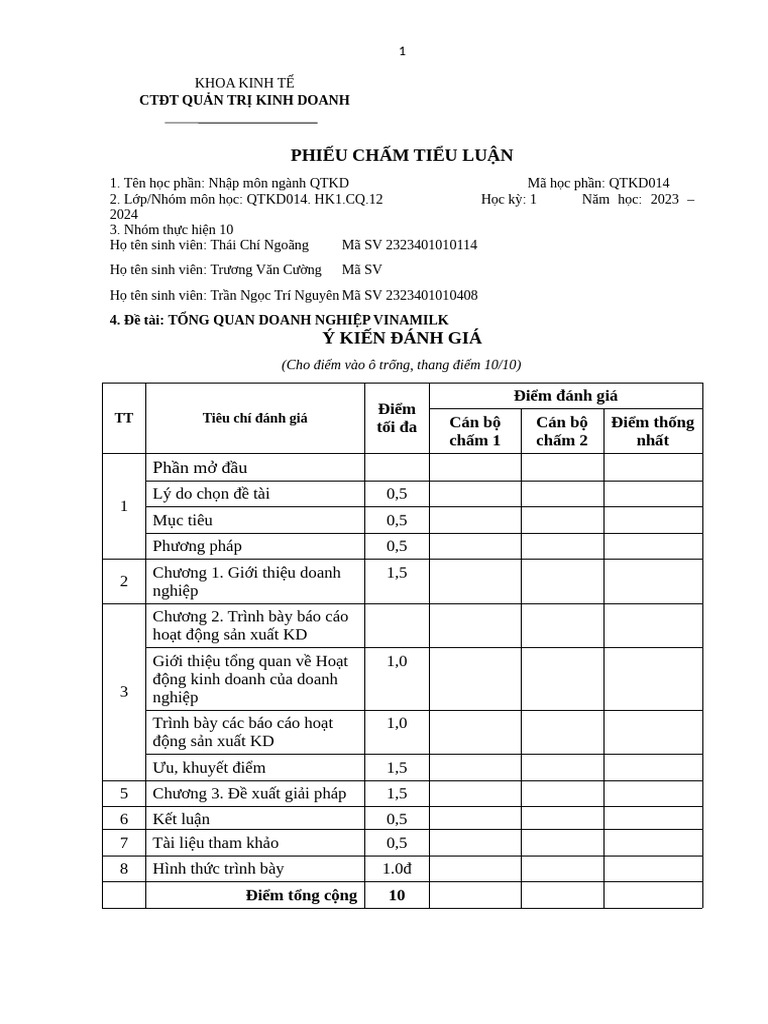 tiểu luận nhập môn qtkd | PDF