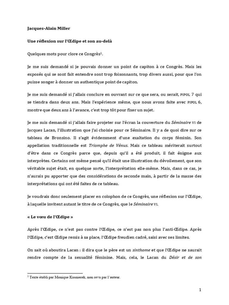 Miller J.-A., Une Réflexion Sur l'OEdipe Et Son Au-Delà | PDF