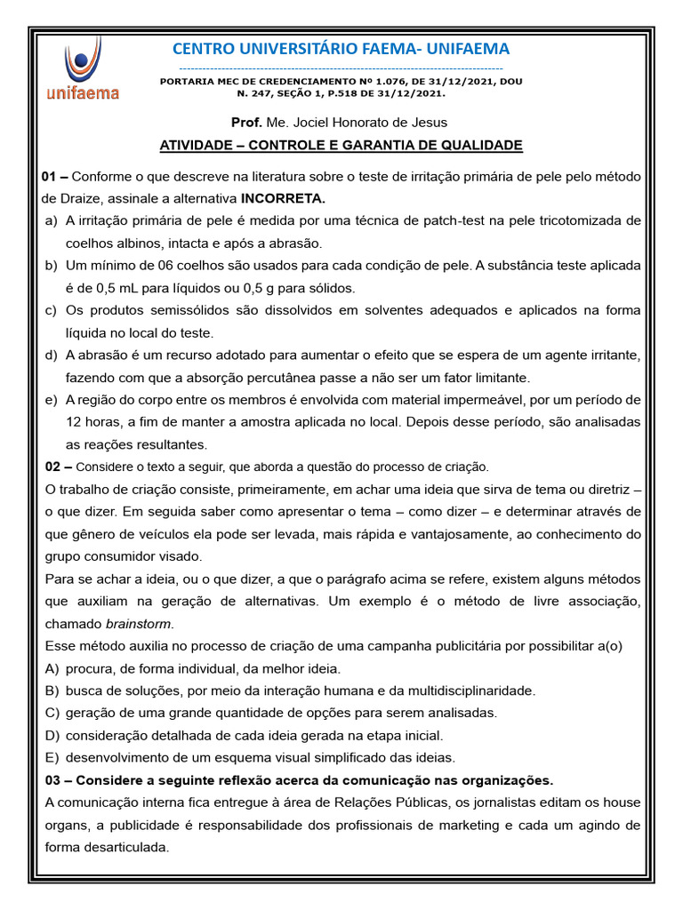 ATIVIDADE 05 - Garantia e Controle de Qualidade | PDF