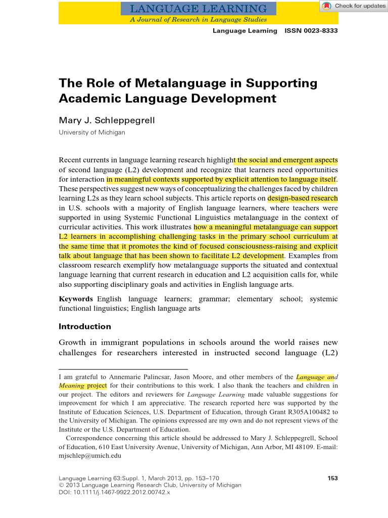 Language Learning - 2013 - Schleppegrell - The Role of Metalanguage in Supporting Academic ...
