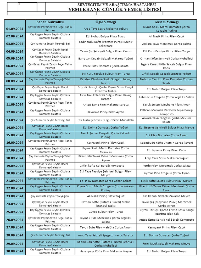 Eylul 2024 Aylik Yemek Menupdf | PDF