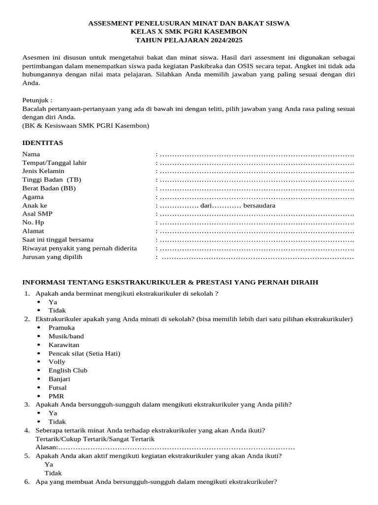 Assesment Penelusuran Minat Dan Bakat Siswa Ta 2024-2025 | PDF