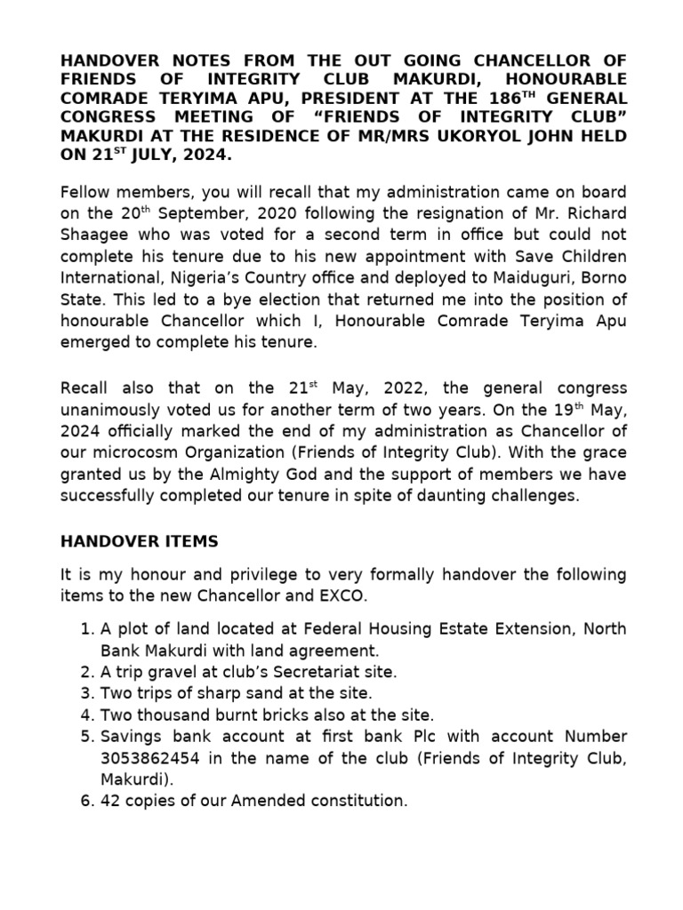 Handover Notes From The Out Going Chancellor of Friends of Integrity ...