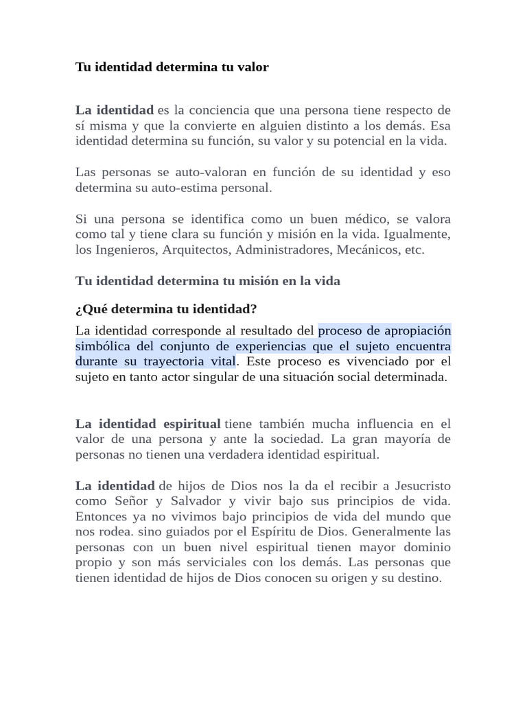 Tu Identidad Determina Tu Valor Pilar | PDF