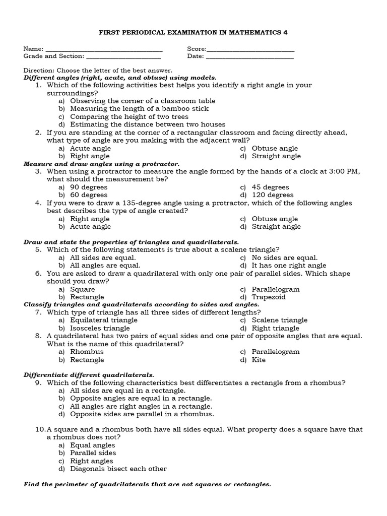 Grade 4 Matatag First Periodical Test in Mathematics 4 | PDF