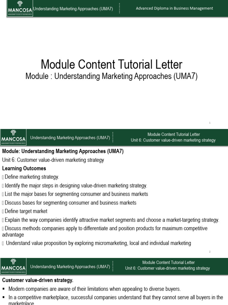 MANCOSA UMA7 - Unit 6 Customer Value-Driven Marketing Strategy ONLINE | PDF MANCOSA UMA7 - Unit 6 Customer Value-Driven Marketing Strategy ONLINE | PDF