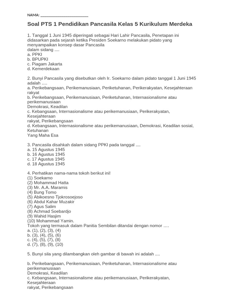 Soal PTS 1 PKN Kelas 5 Kumer | PDF