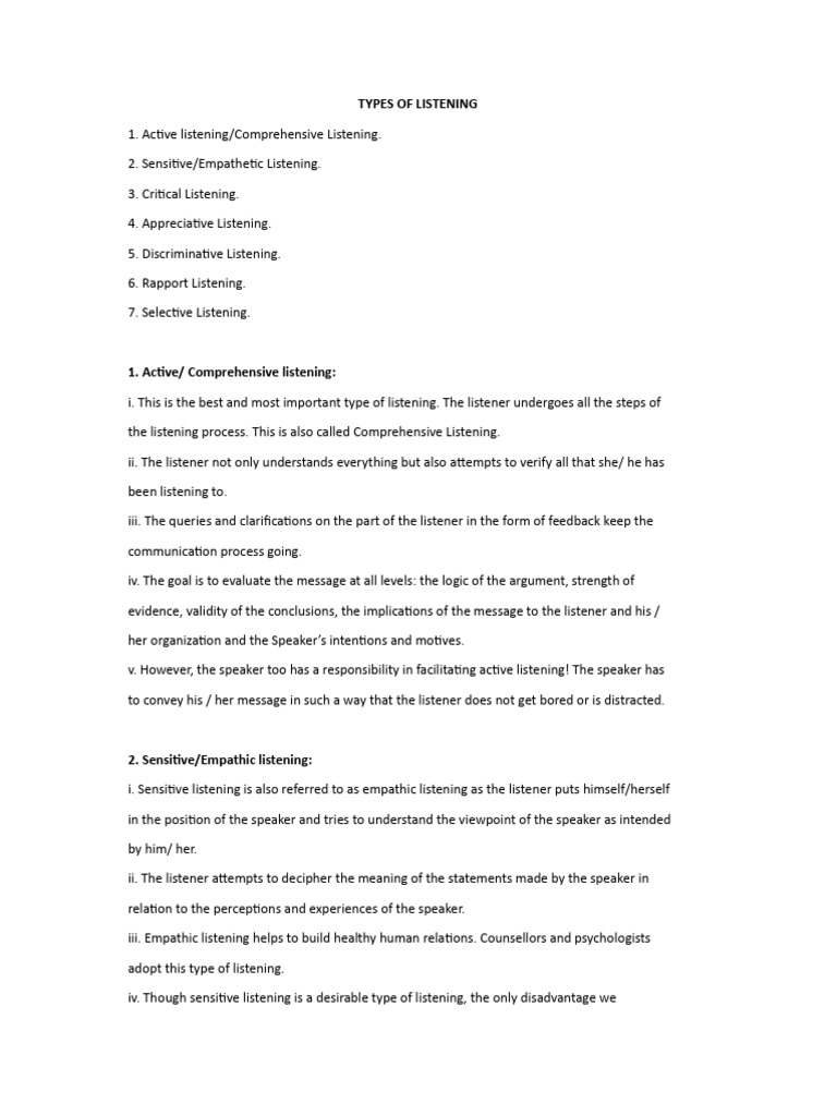 Types of Listening Skills Notes - Stella | PDF