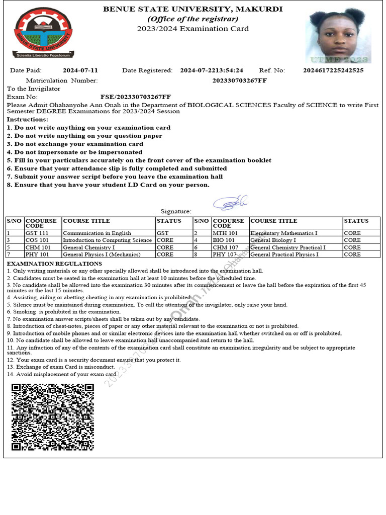 Anna Exam Card | PDF