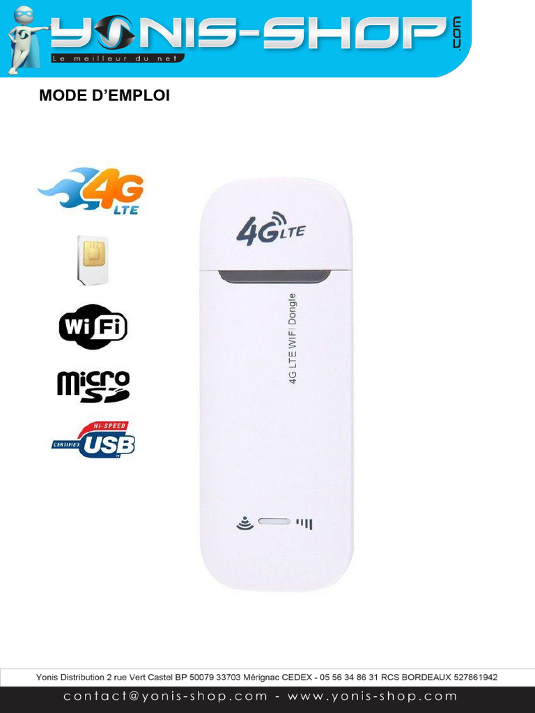 Mode D'emploi Clé 4G 3G USB WIFI Modem Sans Fil 150 Mbps Emplacement Micro SD Blanc | PDF