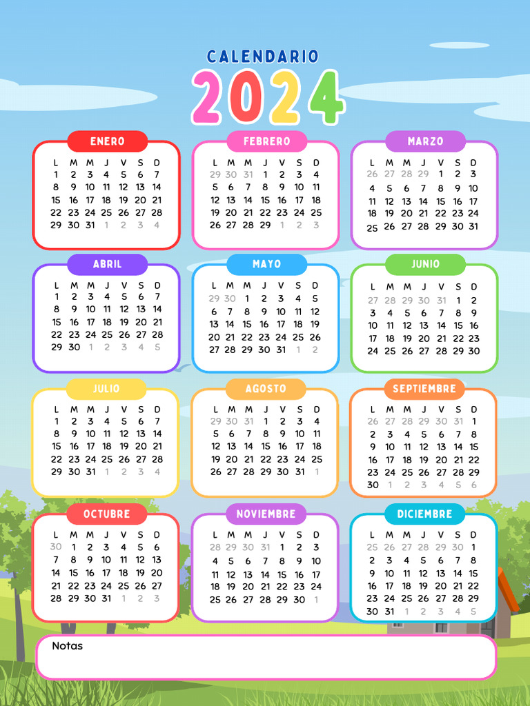 Documento A4 Calendario 2024 Infantil Divertido Multicolor | PDF