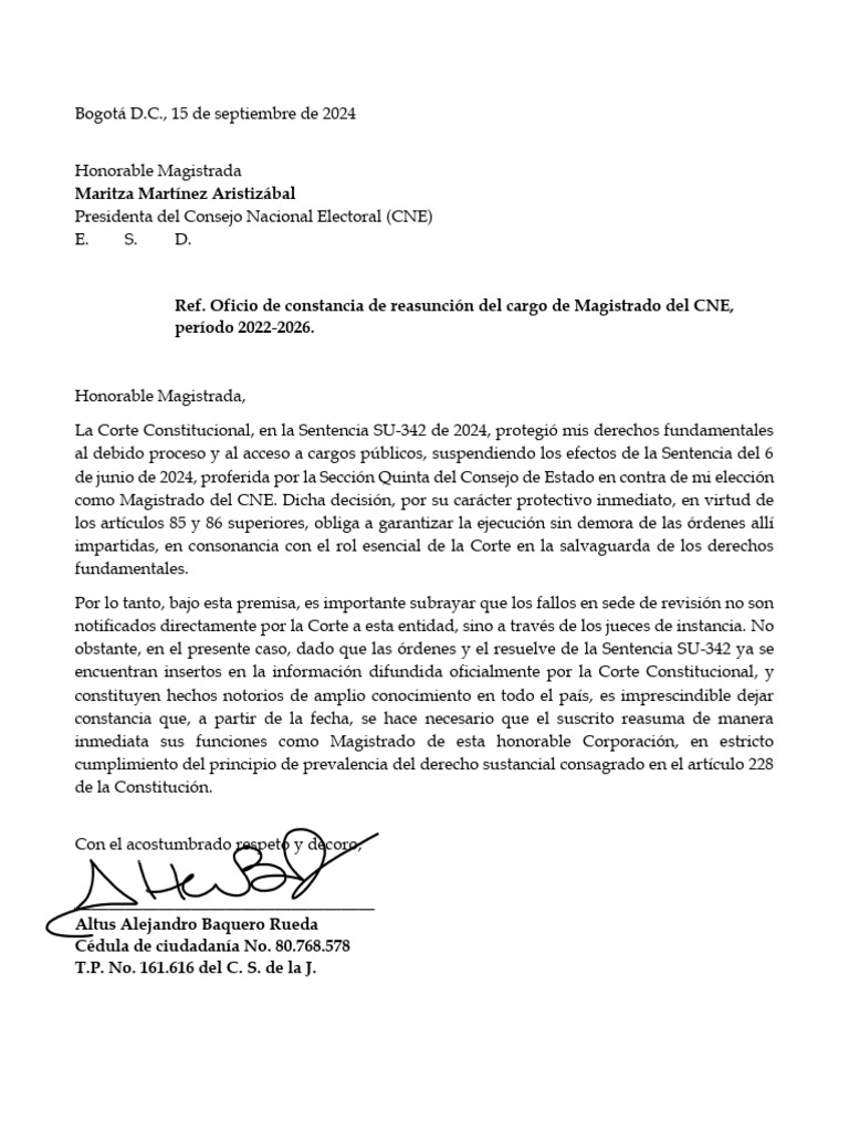 Oficio de Constancia de Reasunción de Magistrado Del Consejo Nacional Electoral (CNE), Período ...