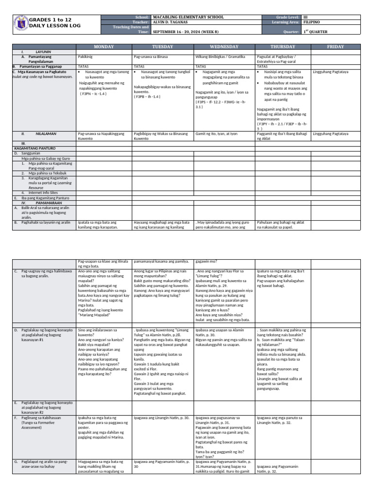 DLL - Filipino 3 - Q1 - W8 | PDF | Philippines