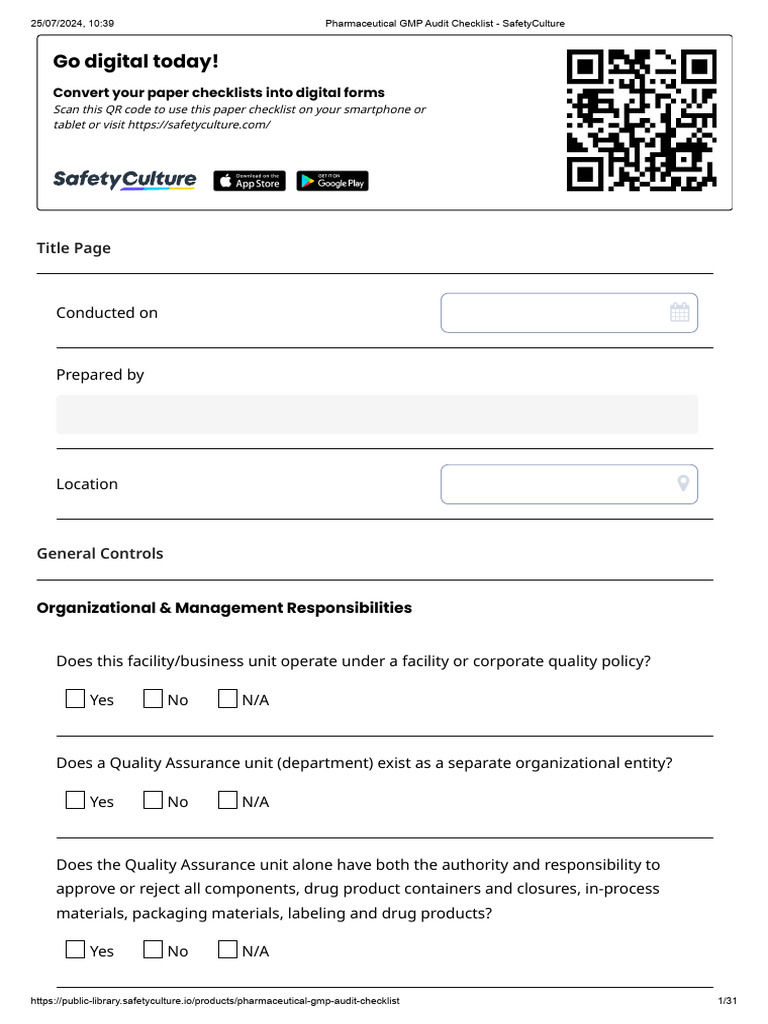 Pharmaceutical GMP Audit Checklist - SafetyCulture | PDF