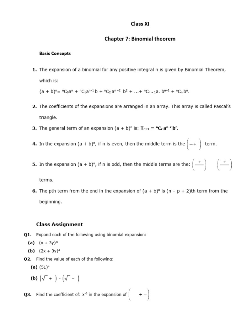 XI CH 7 Binomial Theorem | PDF