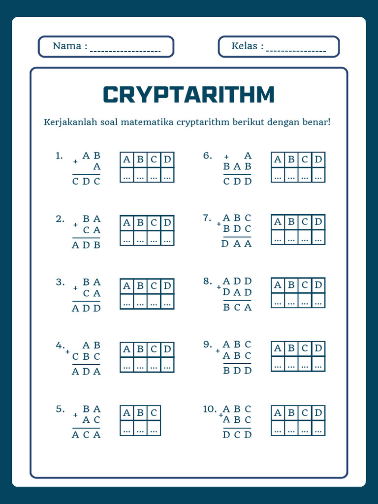 Cryptarythm Lembar Kerja Matematika Hijau Sederhana | PDF