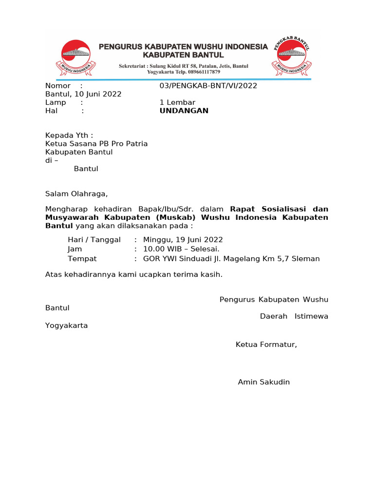Undangan Rapat Muskab Wushu Bantul | PDF