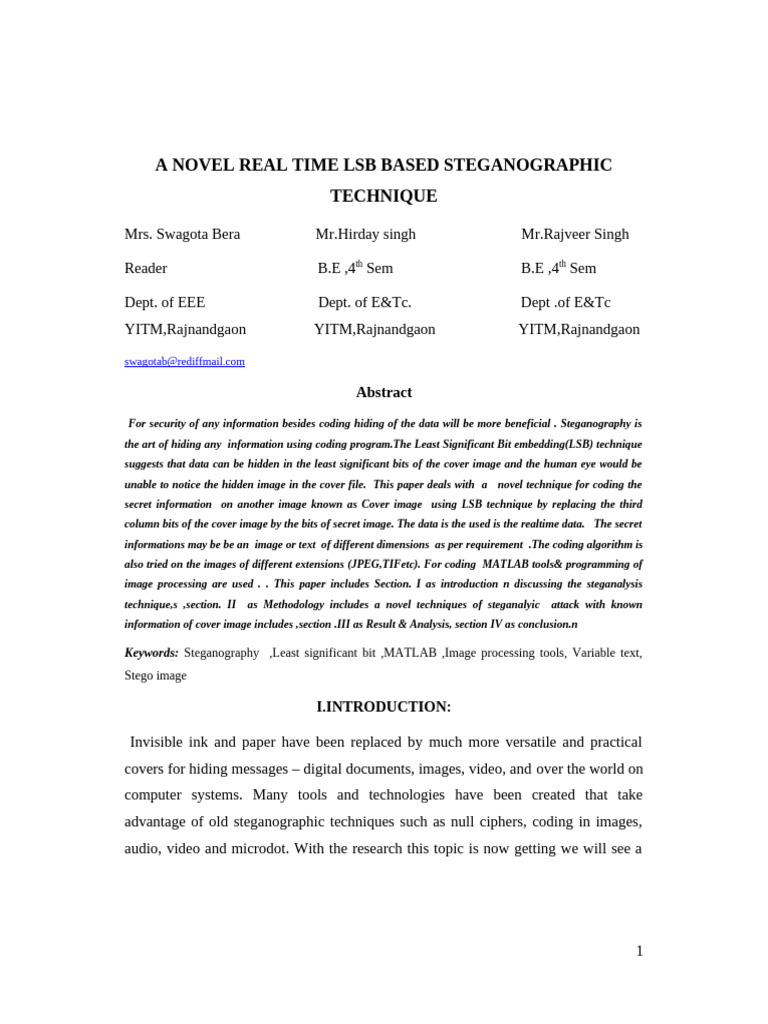 A Novel Real Time LSB Based Steganographic Technique | PDF
