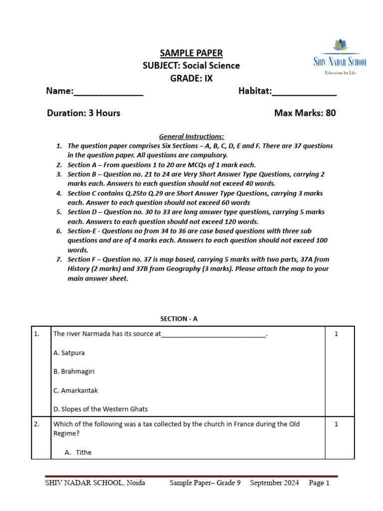 Year 9 Term 1 Sample Paper | PDF