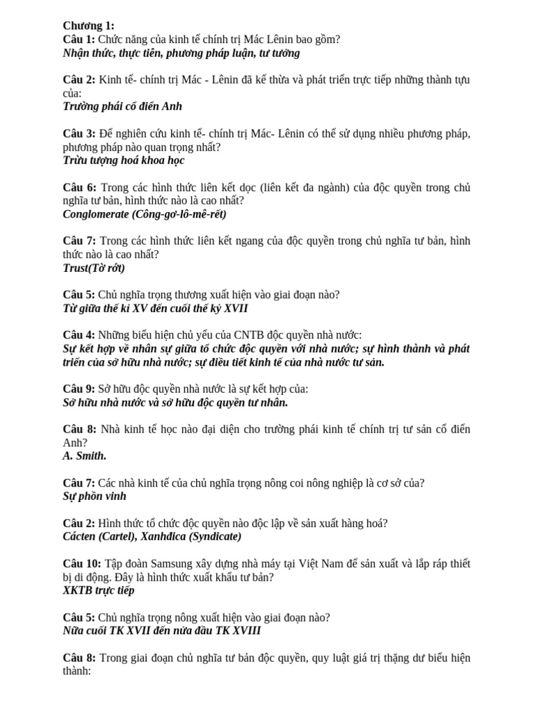 Đáp án câu hỏi KTCT 1 | PDF