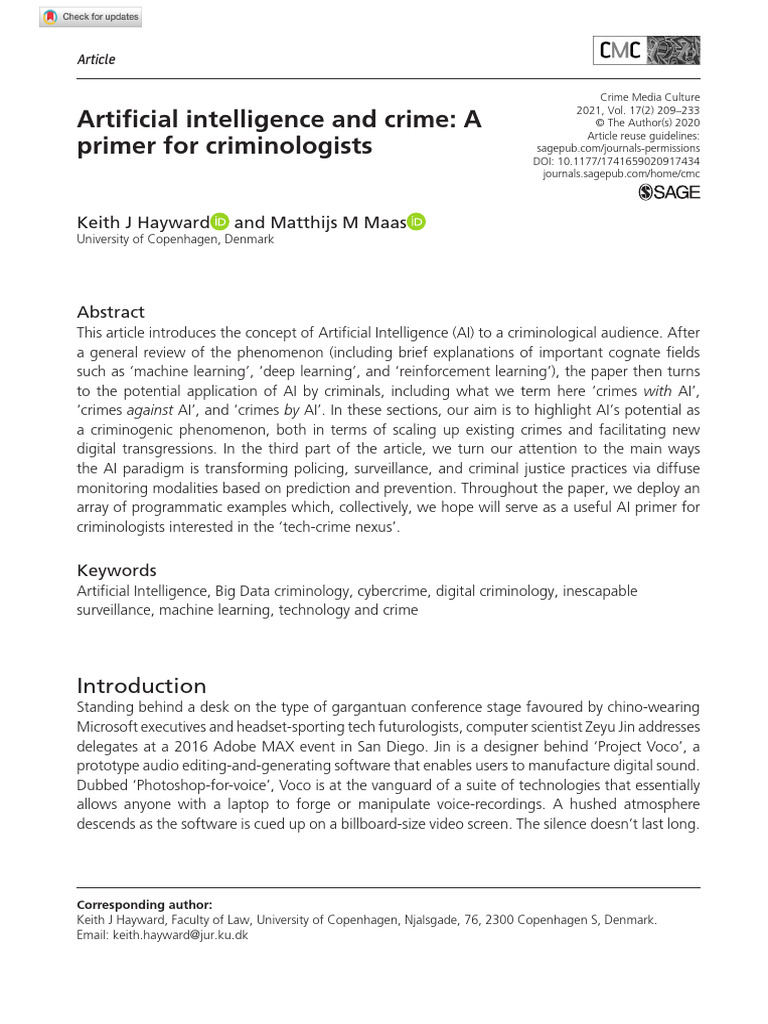 Artificial Intelligence and Crime: A Primer For Criminologists. Keith J Hayward & Matthijs M ...