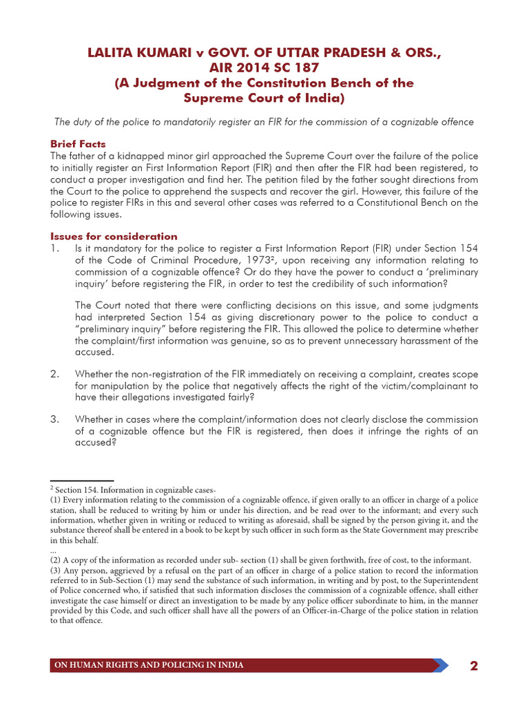 Lalitha Kumar Vs GOI - Mandatorily Register An FIR Case | PDF