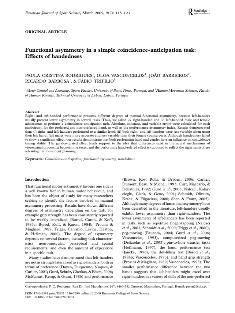 Functional Asymmetry in A Simple Coincidence-Anticipation Task | PDF