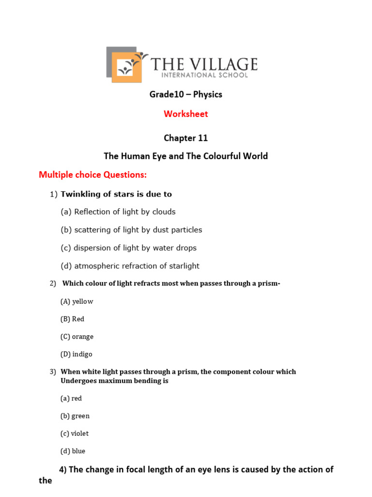 X-Physics-WS-Chapter 11 - The Human Eye and The Colourful World - Questions (2024-25) | PDF