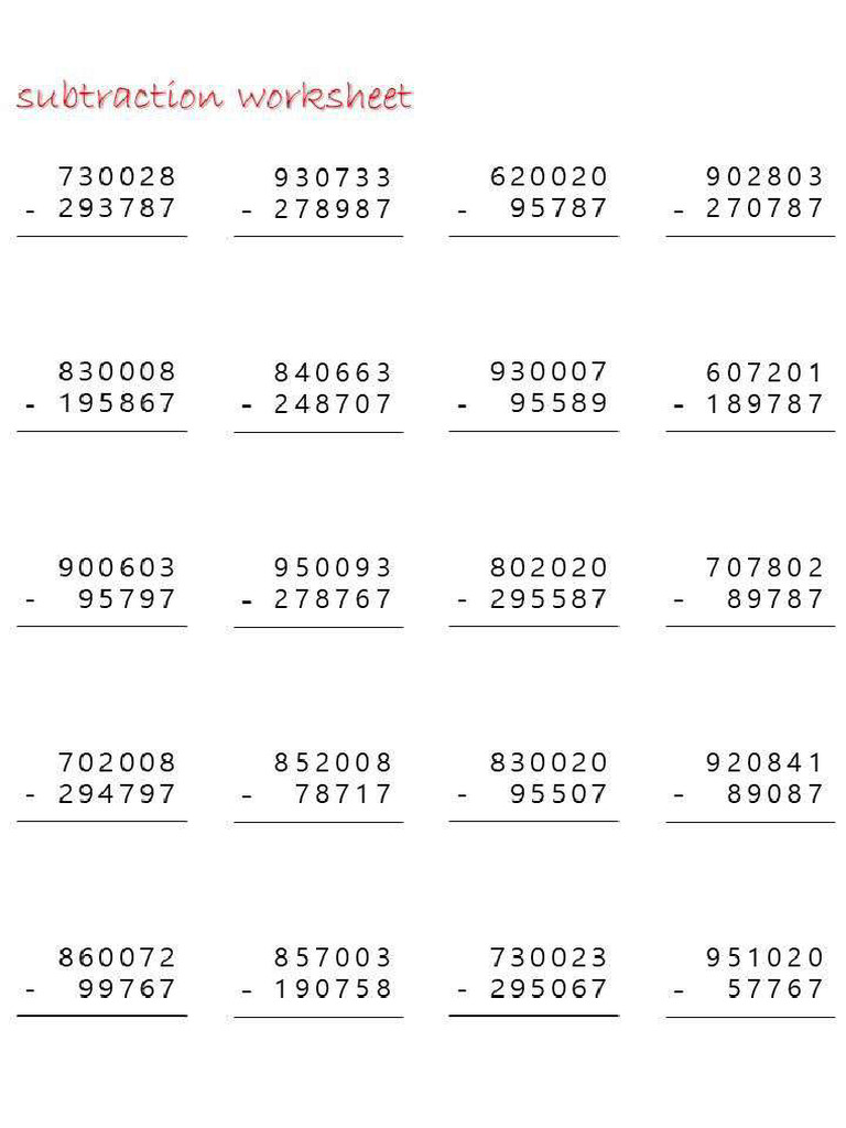 6-Digit Subtraction Worksheets | PDF