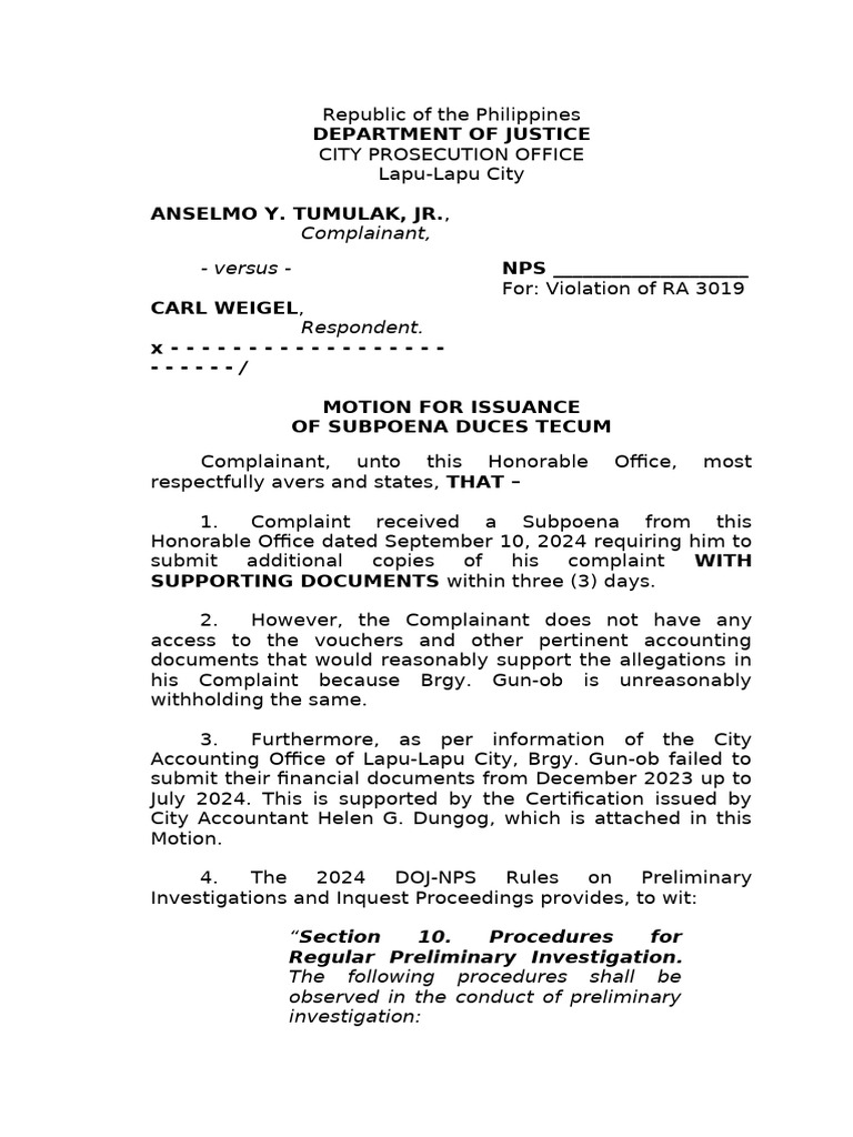 Motion For Issuance of Subpoena Duces Tecum Gun Ob | PDF