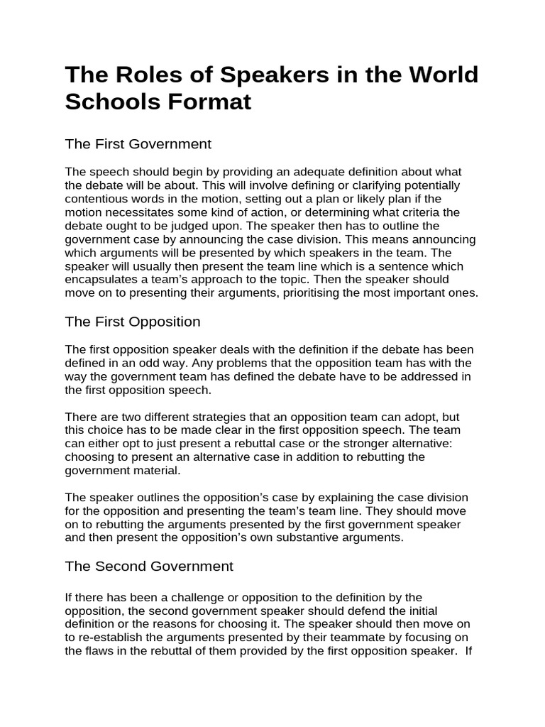 The Roles Of Speakers In The World Schools Format Pdf