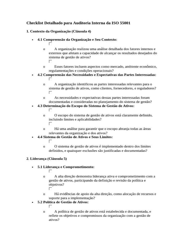 Checklist de Auditoria ISO 55001 | PDF | Planejamento | Liderança