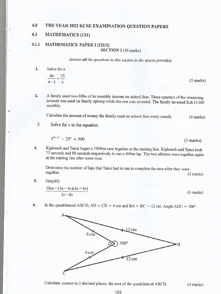 Kcse 2022 Maths Alt.a PP1 PP2 Questions | PDF