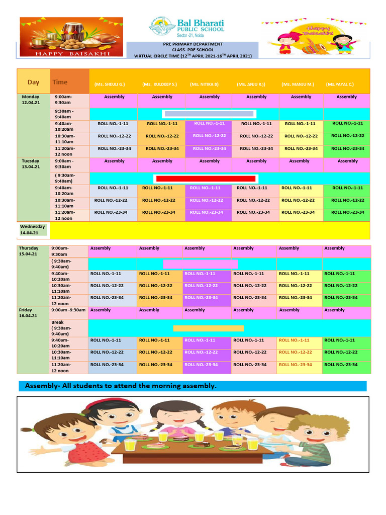 Final Time Table Pre Primary and Pre School | PDF