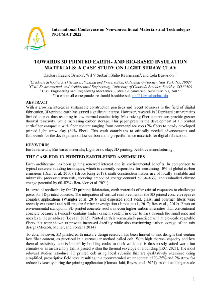 Towards 3D printed Earth and Bio Based Insulation Materials | PDF