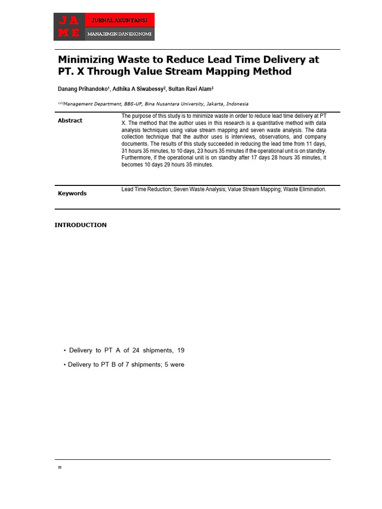 Minimizing Waste To Reduce Lead Time Delivery at PT. X Through Value Stream Mapping Method | PDF
