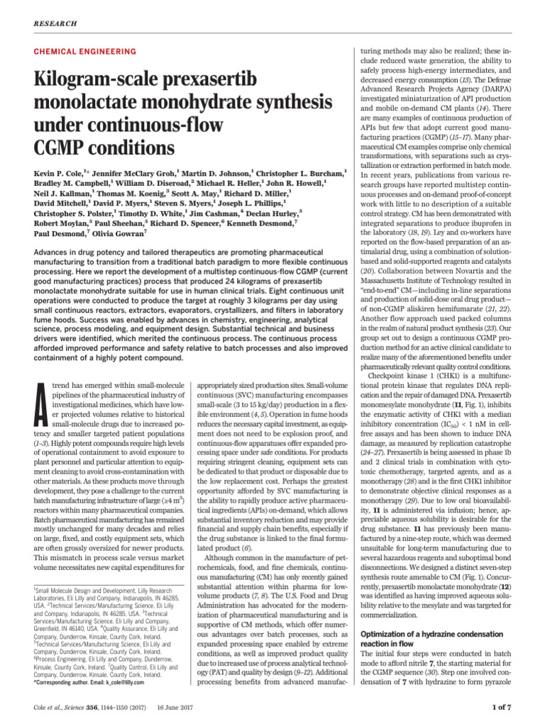 Kilogram-Scale Prexasertib Monolactate Monohydrate Synthesis Under ...