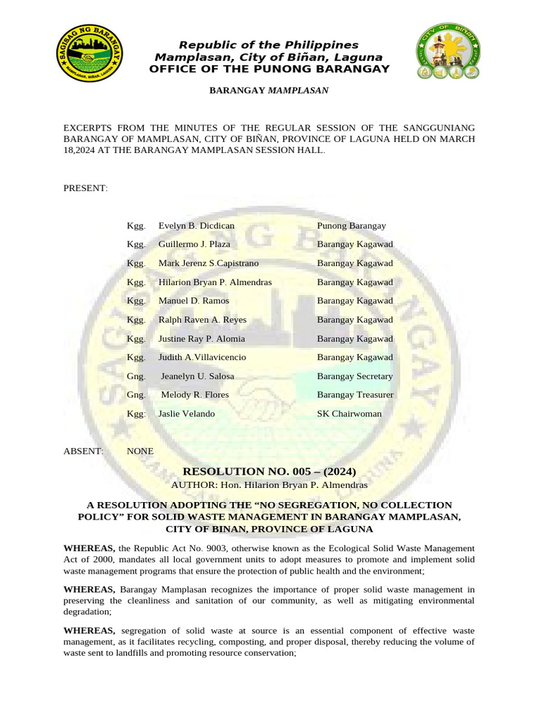 Brgy-Mamplasan-No Segregation No Collection Policy Resolution | PDF