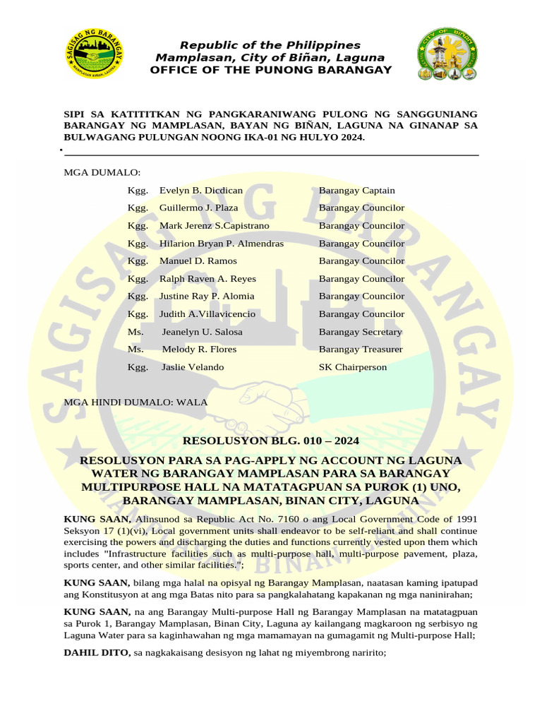 Office of The Punong Barangay: Republic of The Philippines Mamplasan ... Office of The Punong Barangay: Republic of The Philippines Mamplasan ...