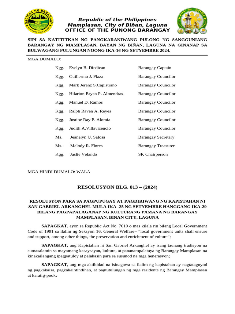 Brgy-Mamplasan-Fiesta Resolution | PDF