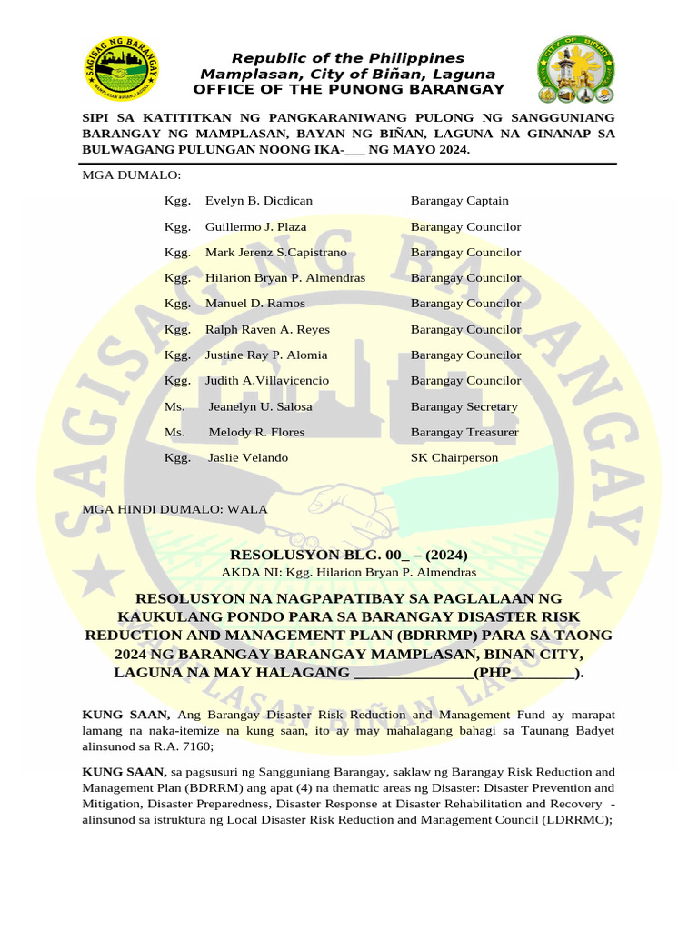 Brgy-Mamplasan-Paglalaan NG Pondo para Sa BDRRMP | PDF Brgy-Mamplasan-Paglalaan NG Pondo para Sa BDRRMP | PDF
