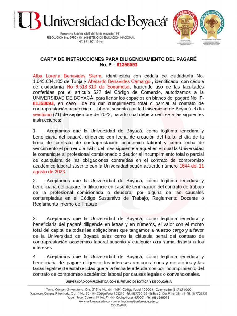 Carta de Instrucciones Lorena Benavides | PDF