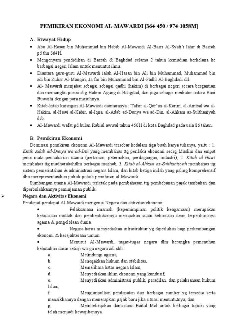Pemikiran Ekonomi Al-Mawardi | PDF