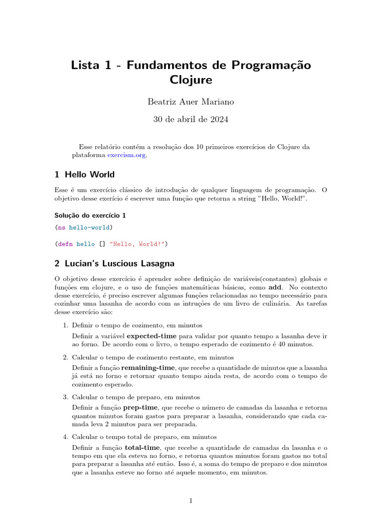 Lista de exercícios de Clojure | PDF Lista de exercícios de Clojure | PDF