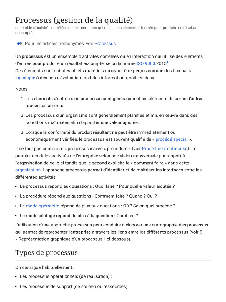 Processus (Gestion de La Qualité) - Wikipédia | PDF