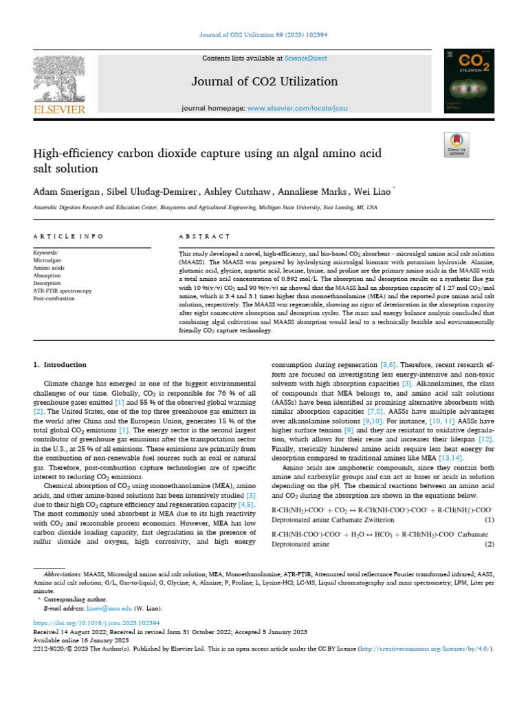 High-Efficiency Carbon Dioxide Capture Using An Algal Amino Acid Salt ...