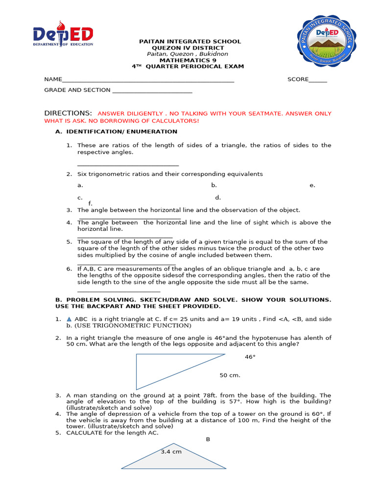 Math 4th Quarter Exam Grade 9 | PDF