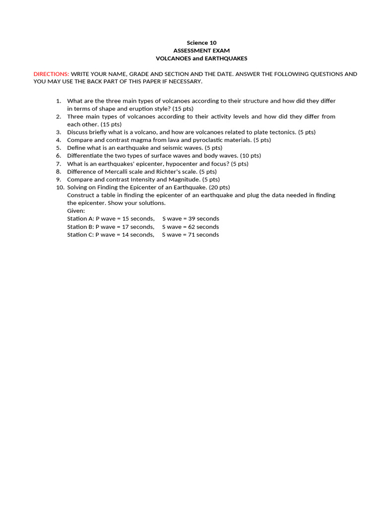 Assesment Exam Grade 10 Volcano and Earthquake | PDF